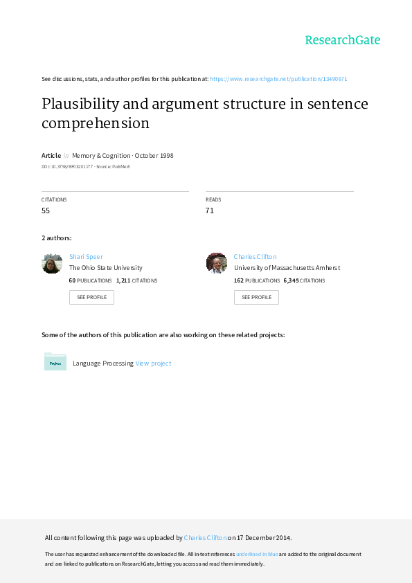 (PDF) Plausibility and argument structure in sentence comprehension