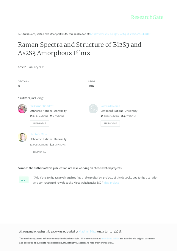 (PDF) Raman Spectra and Structure of Bi2S3 and As2S3 Amorphous Films