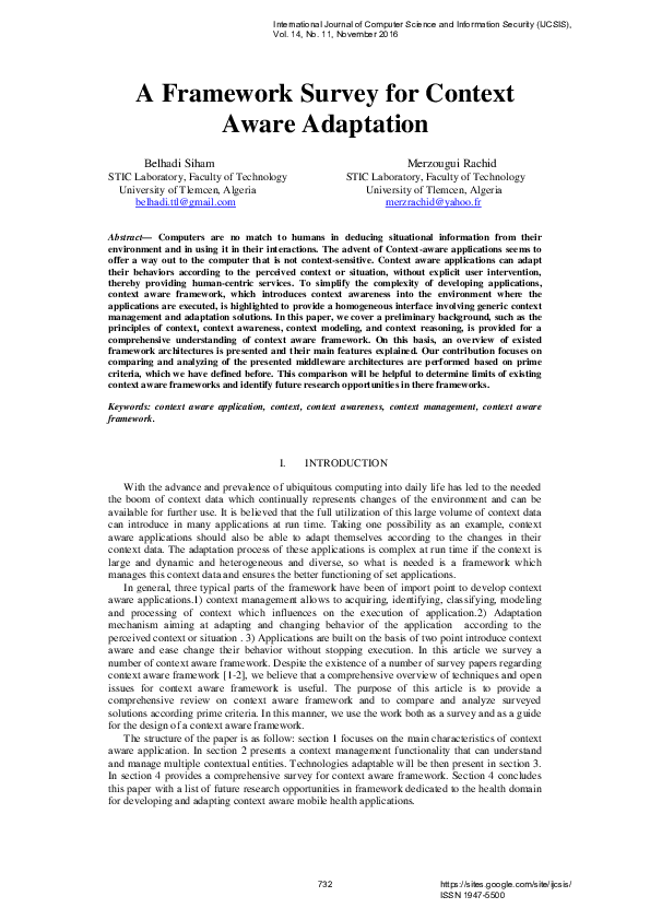 (PDF) A Framework Survey for Context Aware Adaptation