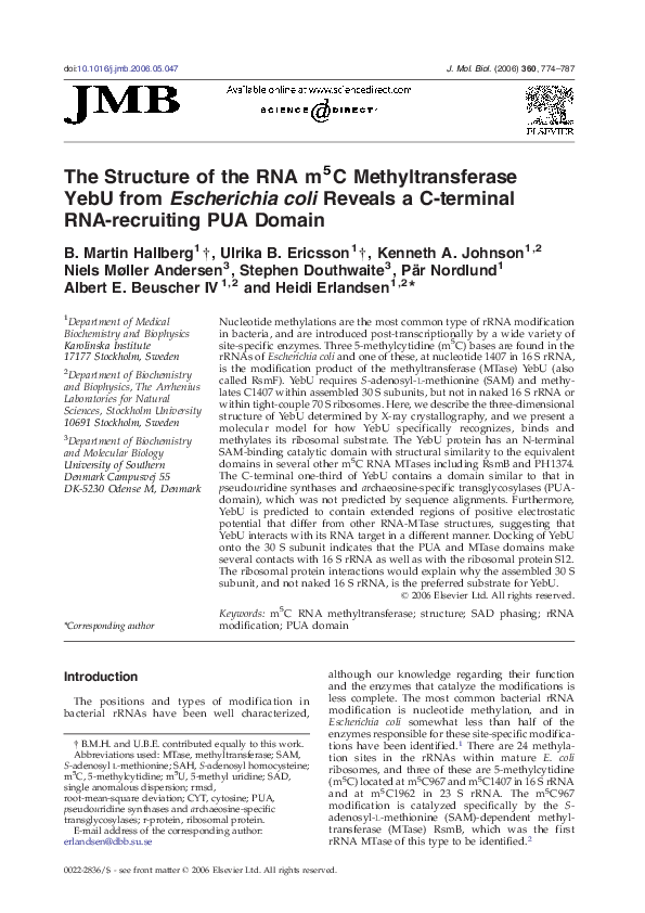 (PDF) The structure of the RNA m5C methyltransferase YebU from ...