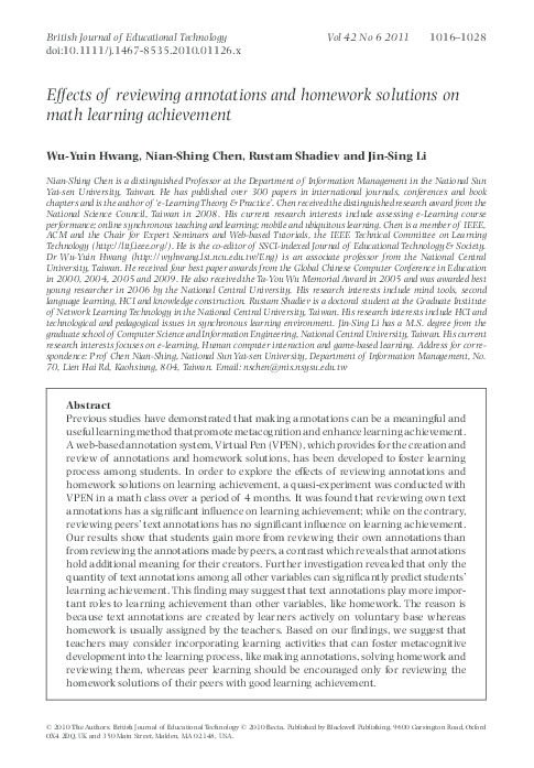 Pdf Effects Of Reviewing Annotations And Homework Solutions On Math