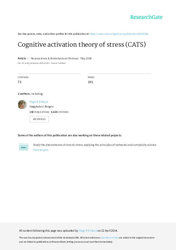 (PDF) Cognitive activation theory of stress (CATS): from fish brains to ...