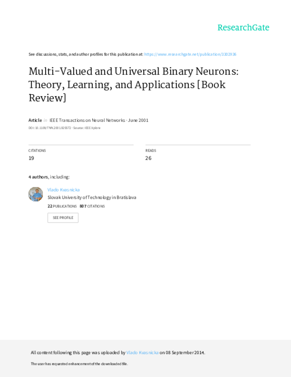 (PDF) Multi-valued and universal binary neurons: theory, learning, and applications