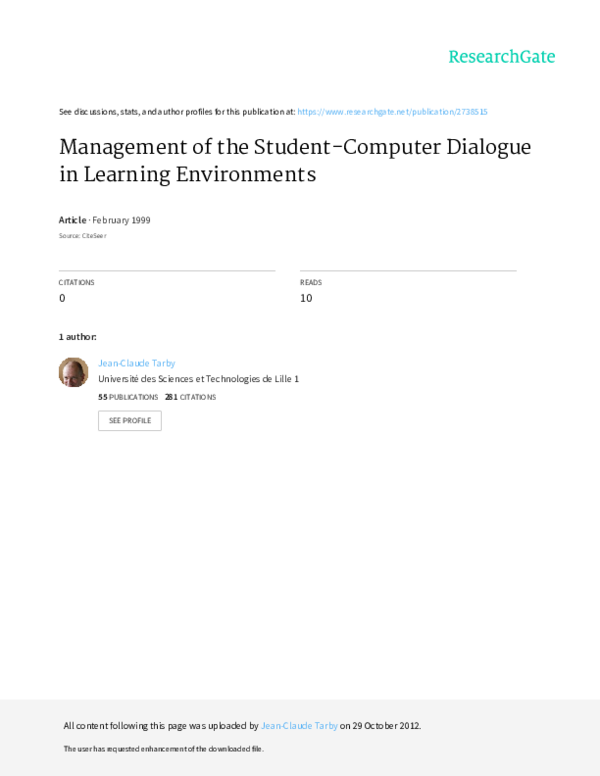 (PDF) Management of the Student-Computer Dialogue In Learning Environments