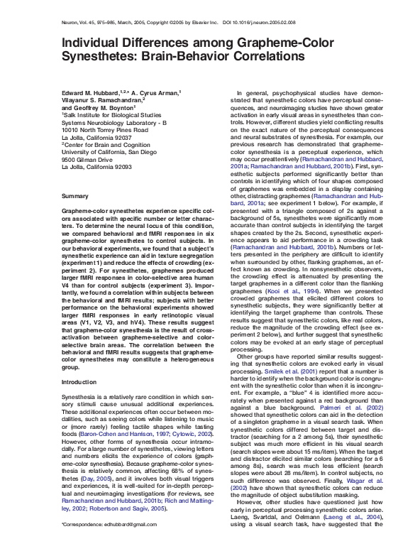 (PDF) Individual differences among grapheme-color synesthetes: brain ...