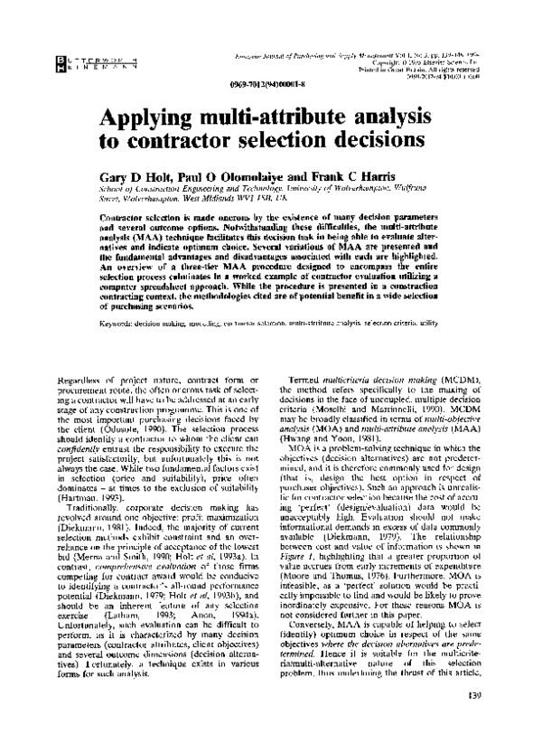 (PDF) Applying multi-attribute analysis to contractor selection decisions