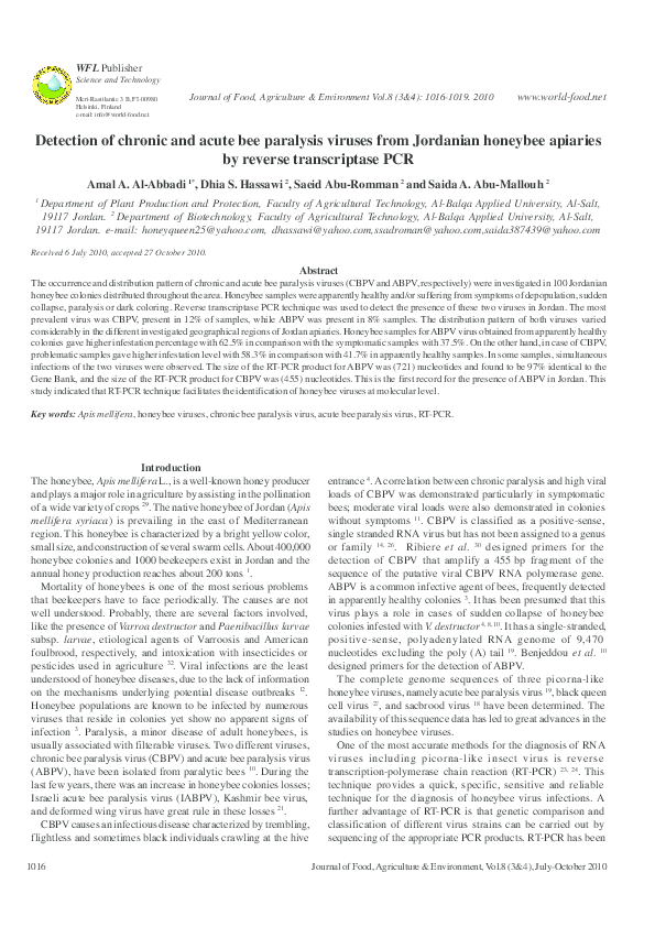 (PDF) Detection of chronic and acute bee paralysis viruses from ...