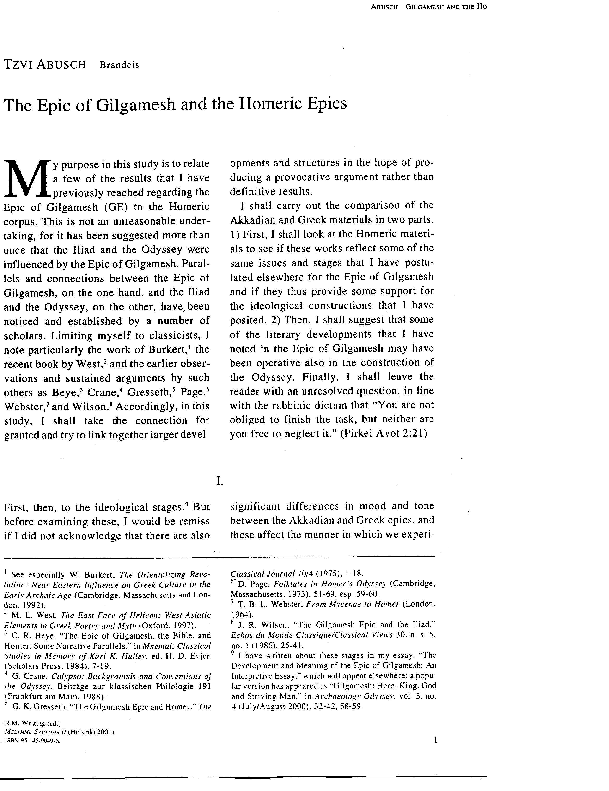 (PDF) "The Epic of Gilgamesh and the Homeric Epics," in Melammu ...