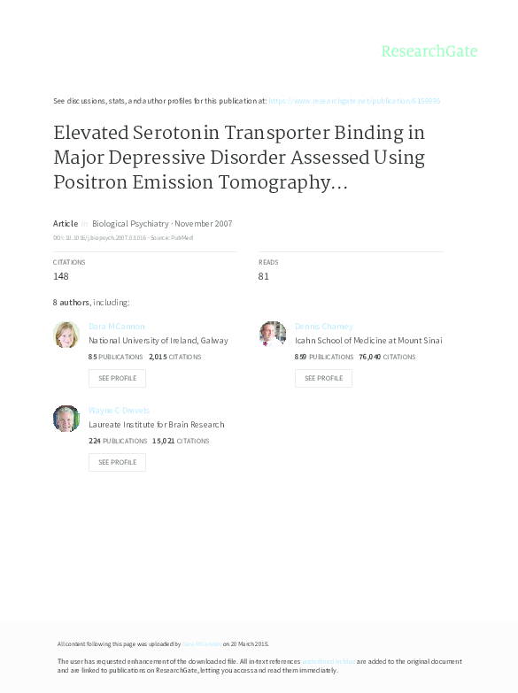 (PDF) Elevated serotonin transporter binding in major depressive disorder assessed using ...