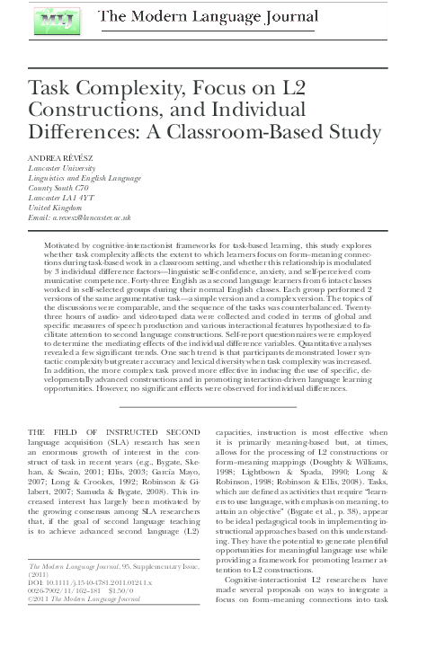 (PDF) Task complexity, focus on L2 constructions, and individual differences: a classroom-based ...