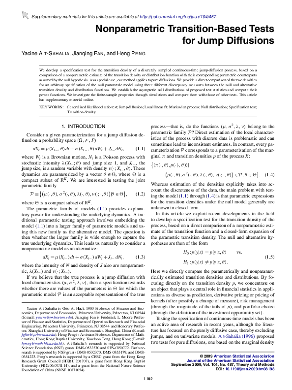 Pdf Nonparametric Transition Based Tests For Jump Diffusions