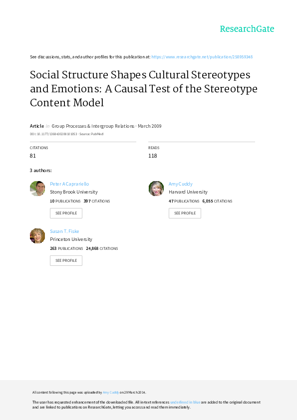 (PDF) Social structure shapes cultural stereotypes and emotions: A ...