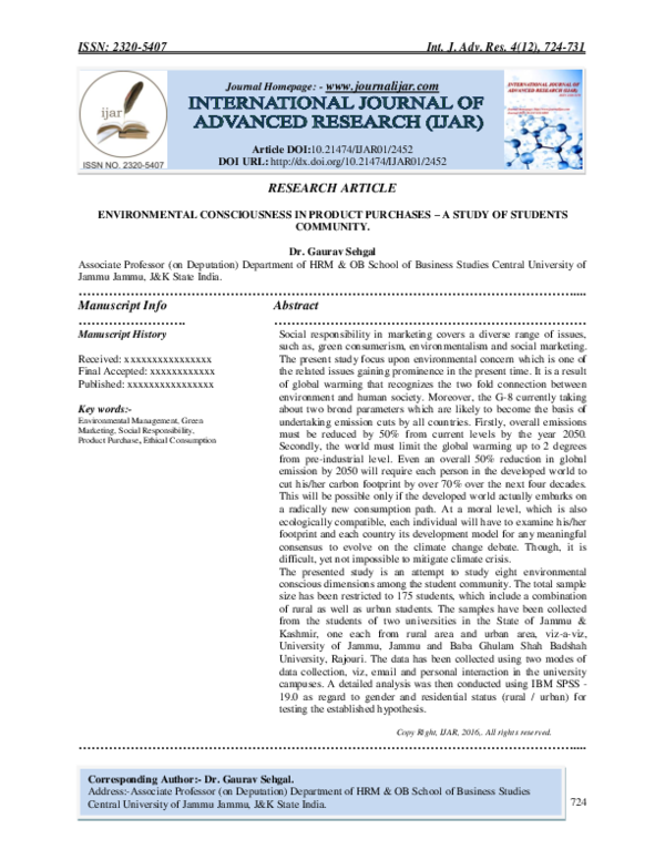 (PDF) ENVIRONMENTAL CONSCIOUSNESS IN PRODUCT PURCHASES – A STUDY OF ...