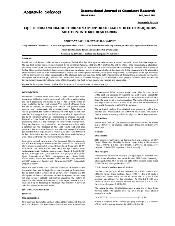 (PDF) EQUILIBRIUM AND KINETIC STUDIES ON ADSORPTION OF ANILINE BLUE FROM AQUEOUS SOLUTION ONTO ...