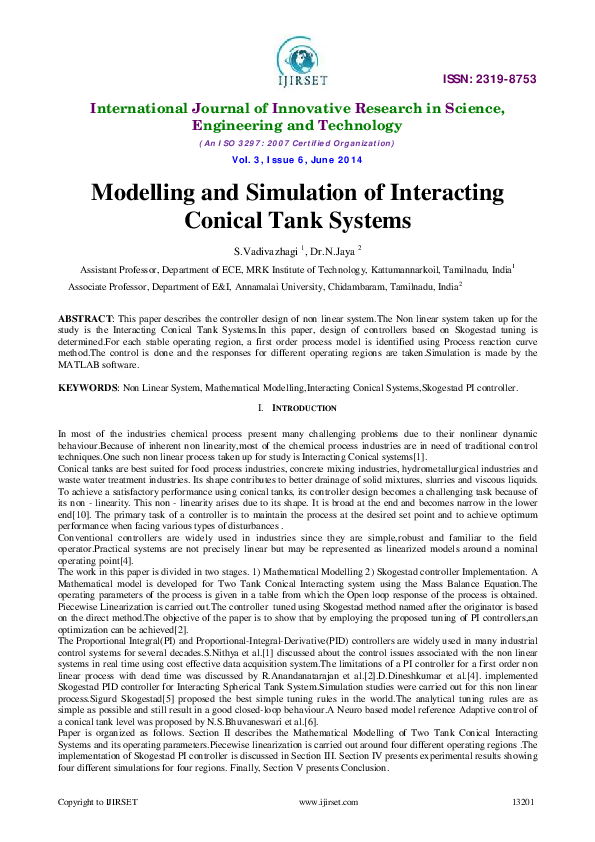 (PDF) Modelling and Simulation of Interacting Conical Tank Systems