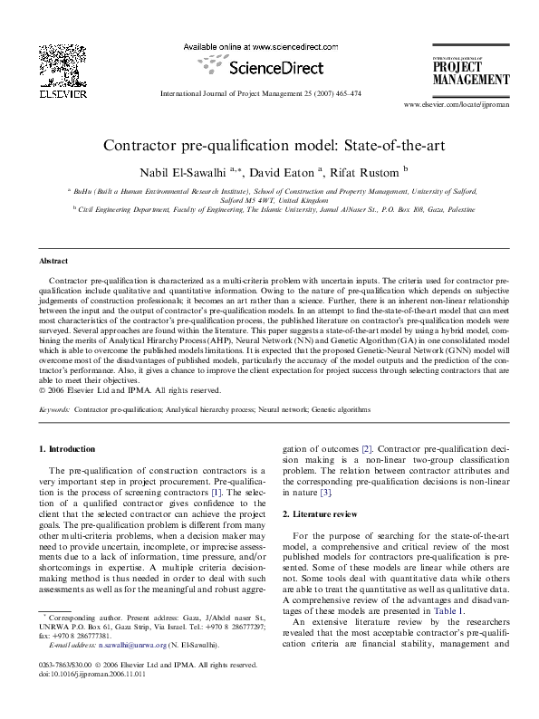 (PDF) Contractor pre-qualification model: State-of-the-art