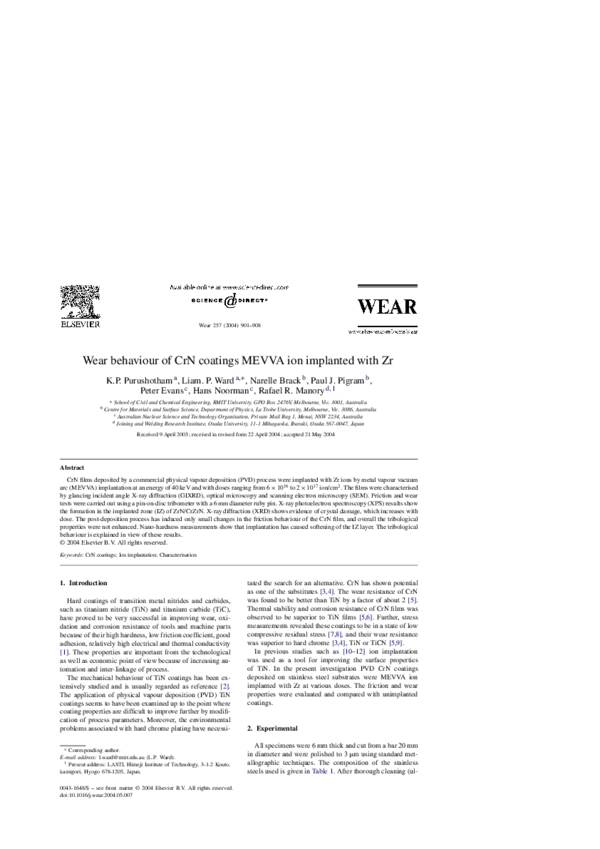 (PDF) Wear behaviour of CrN coatings MEVVA ion implanted with Zr