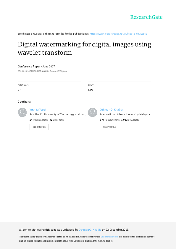 (PDF) Digital watermarking for digital images using wavelet transform