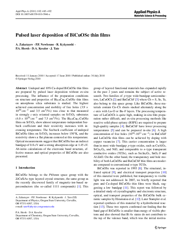 (PDF) Pulsed laser deposition of BiCuOSe thin films