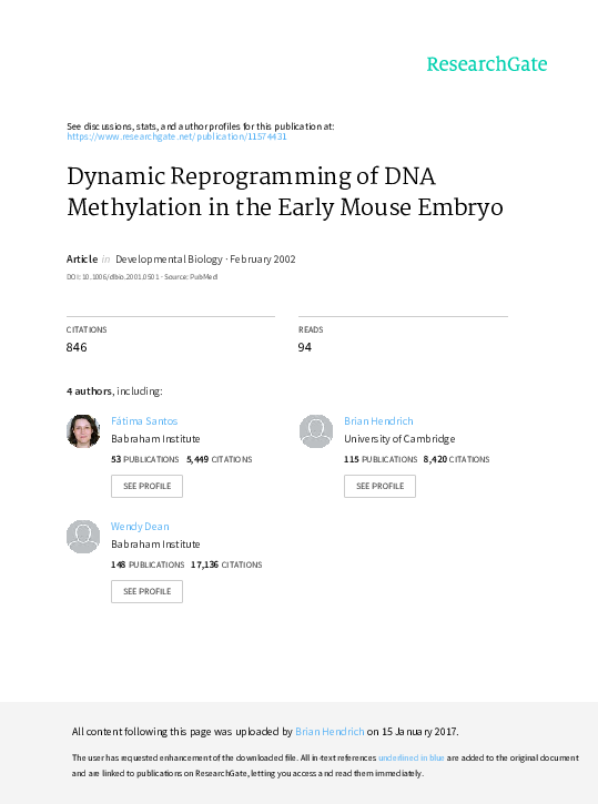 (PDF) Dynamic reprogramming of DNA methylation in the early mouse embryo