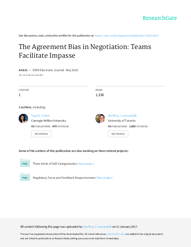 (PDF) The Agreement Bias in Negotiation: Teams Facilitate Impasse