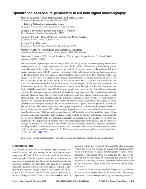(PDF) Optimization of exposure parameters in full field digital mammography