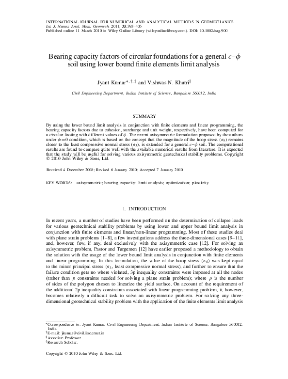 (PDF) Bearing capacity factors of circular foundations for a general c ϕ soil using lower bound ...