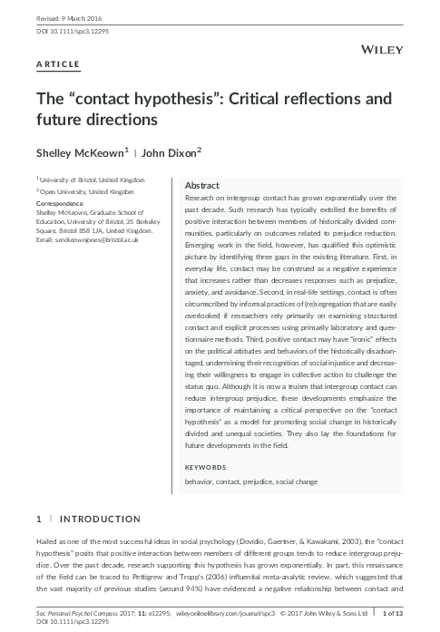 (PDF) The "contact hypothesis": Critical reflections and future directions