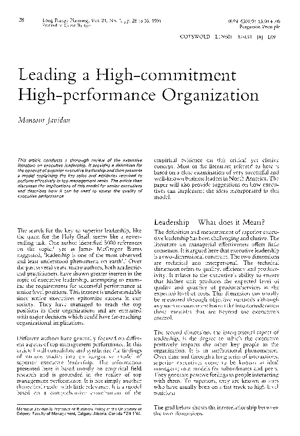 (PDF) Leading a high-commitment high-performance organization