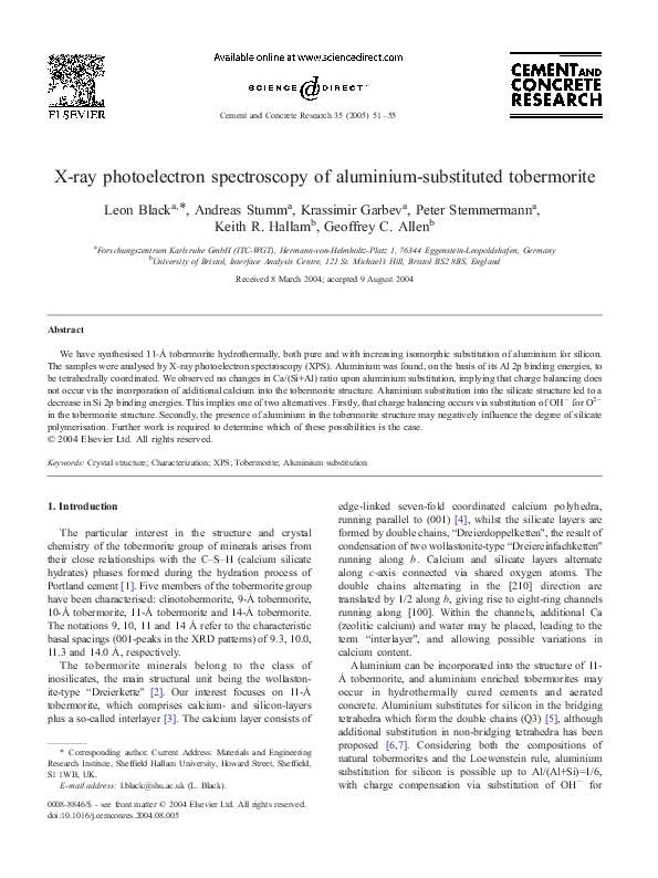 (PDF) X-ray photoelectron spectroscopy of aluminium-substituted tobermorite