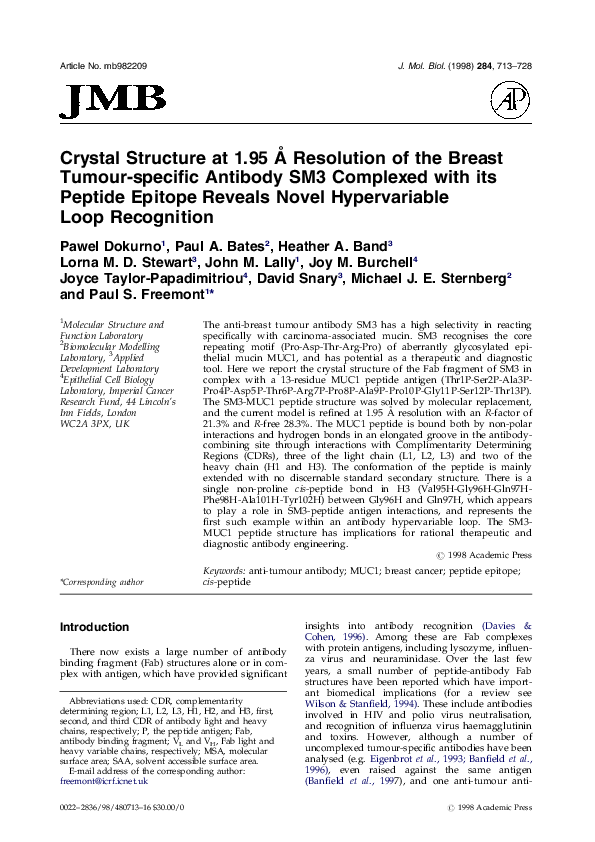 (PDF) Crystal structure at 1.95 å resolution of the breast tumour-specific antibody SM3 ...
