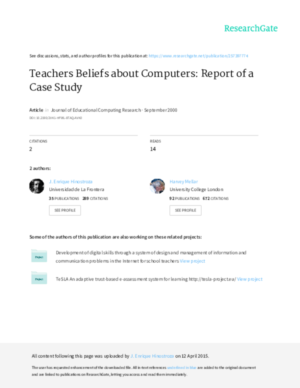 (PDF) Teachers Beliefs About Computers: Report of a Case Study