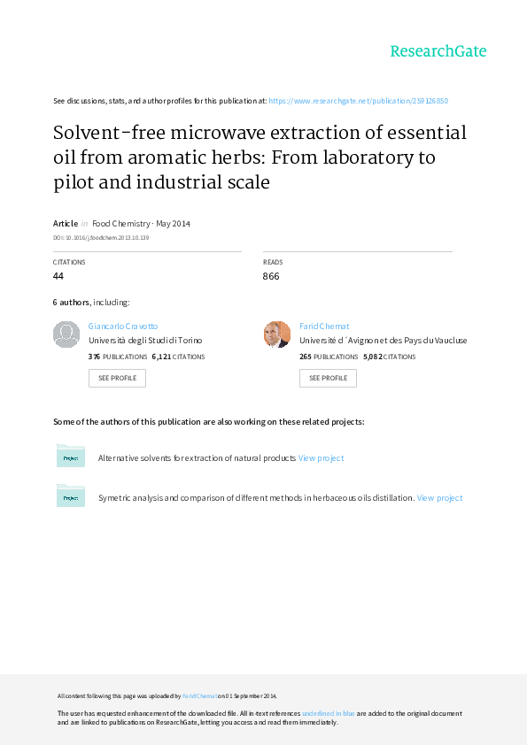 (PDF) Solvent-free microwave extraction of essential oil from aromatic herbs: comparison with ...