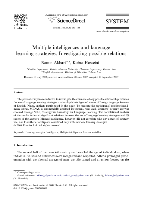 (PDF) Multiple intelligences and language learning strategies: Investigating possible relations