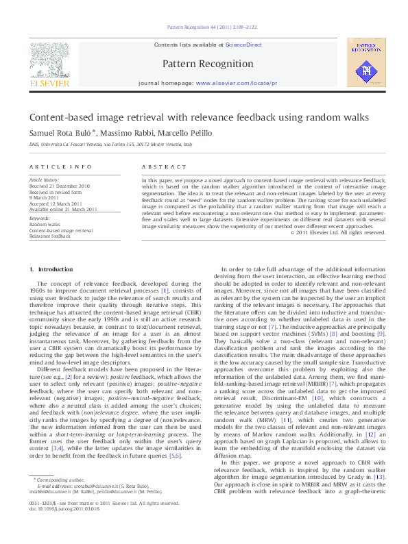 (PDF) Content-based image retrieval with relevance feedback using random walks