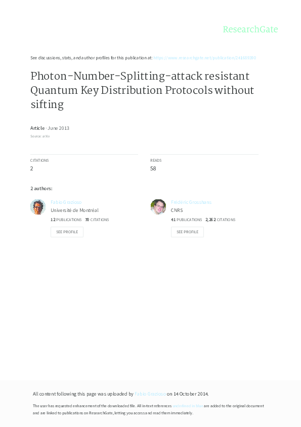 (PDF) Photon-Number-Splitting-attack resistant Quantum Key Distribution Protocols without sifting