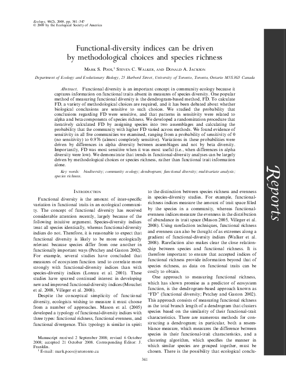 (PDF) Functional-diversity indices can be driven by methodological choices and species richness ...