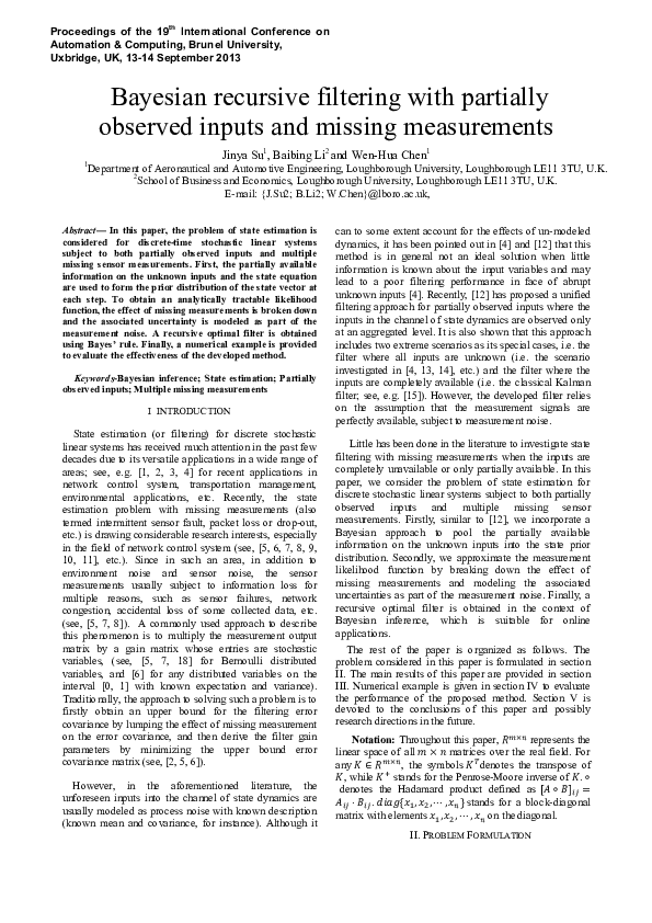 Pdf Bayesian Recursive Filtering With Partially Observed Inputs And