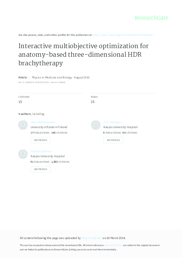 (PDF) Interactive multiobjective optimization for anatomy-based three-dimensional HDR brachytherapy