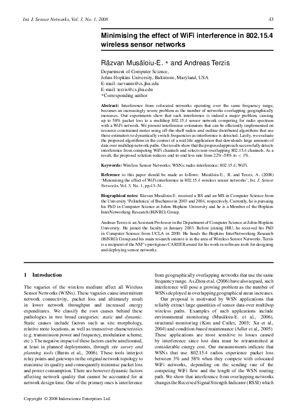 Pdf Minimising The Effect Of Wifi Interference In 80215 4 Wireless Sensor Networks