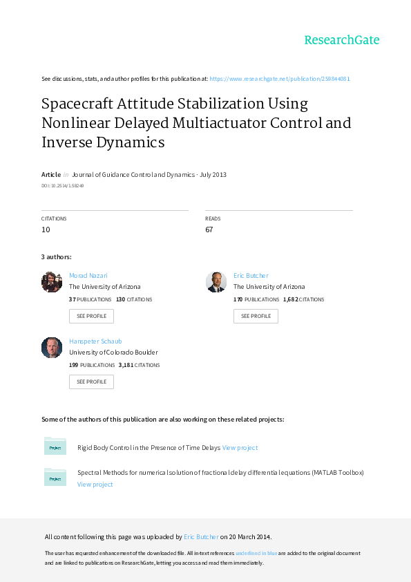 (PDF) Spacecraft Attitude Stabilization Using Nonlinear Delayed Multiactuator Control and ...