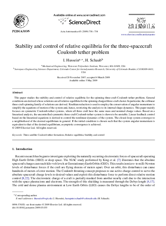 (PDF) Stability and control of relative equilibria for the three-spacecraft Coulomb tether ...