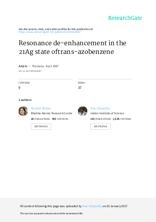 (PDF) Resonance de-enhancement in the 2 1 A g state oftrans-azobenzene