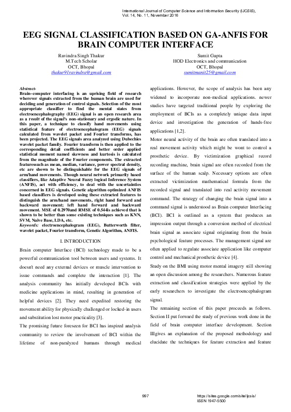 Pdf Eeg Signal Classification Based On Ga Anfis For Brain Computer
