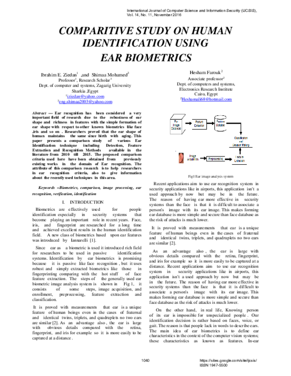 (PDF) COMPARITIVE STUDY ON HUMAN IDENTIFICATION USING EAR BIOMETRICS