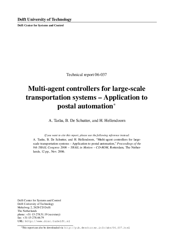 Pdf Multi Agent Controllers For Large Scale Transportation Systems—application To Postal