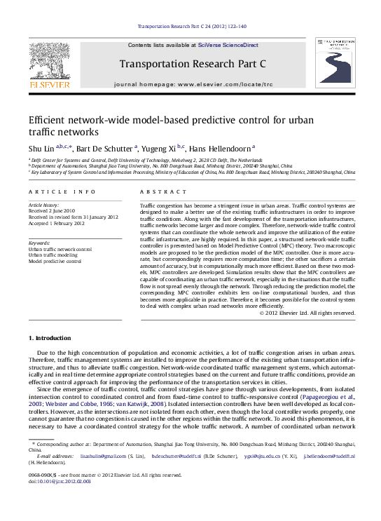Pdf Efficient Network Wide Model Based Predictive Control For Urban Traffic Networks