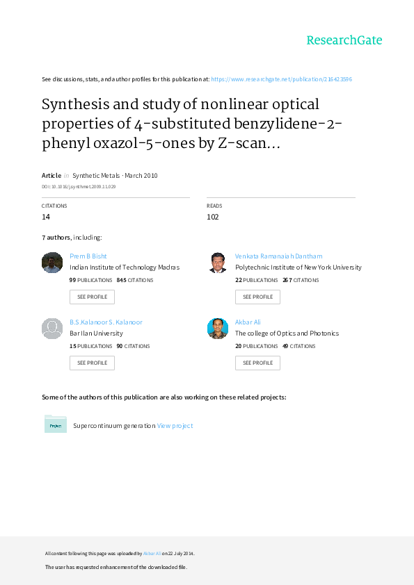 (PDF) Synthesis and study of nonlinear optical properties of 4-substituted benzylidene-2-phenyl ...