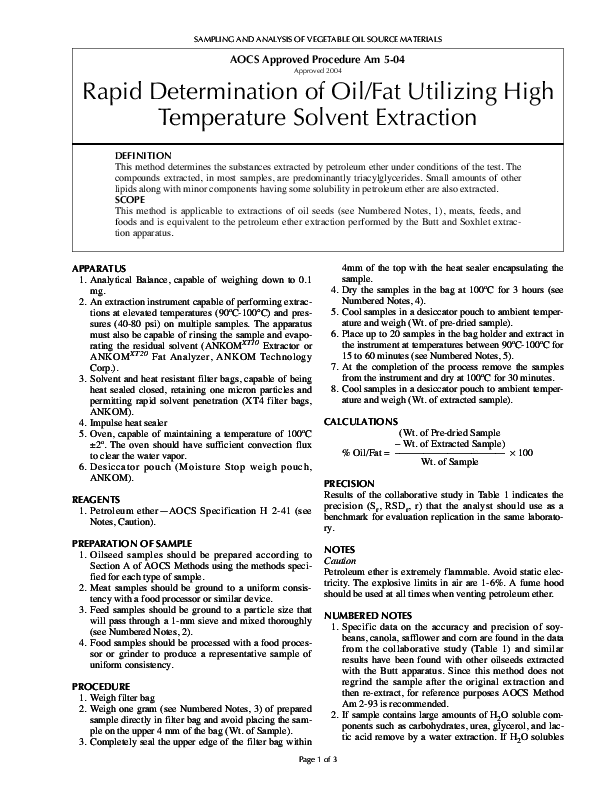 (PDF) AOCS Approved Procedure Am 5-04 Rapid Determination of Oil/Fat Utilizing High Temperature ...