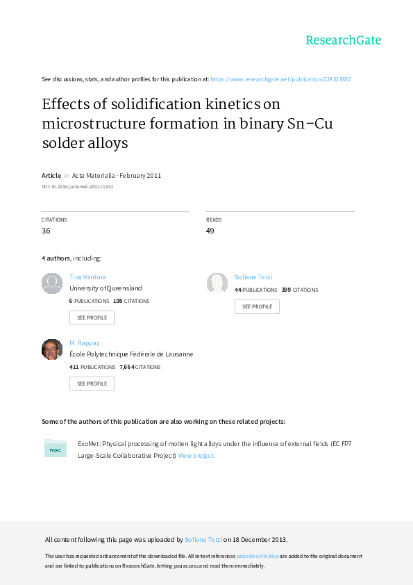 (PDF) Effects of solidification kinetics on microstructure formation in binary Sn-Cu solder alloys